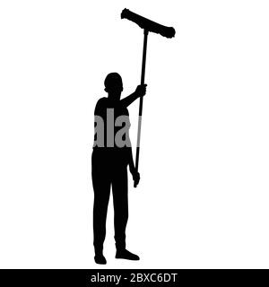 Black and white illustration of window cleaner with squeegee and spray ...