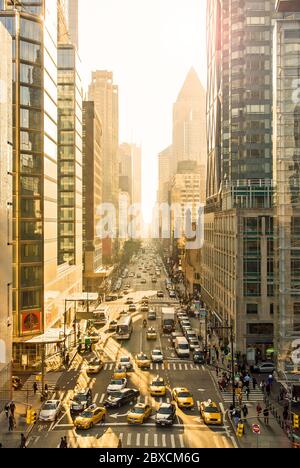 New York City overhead street view with sunlight shining on the streets ...