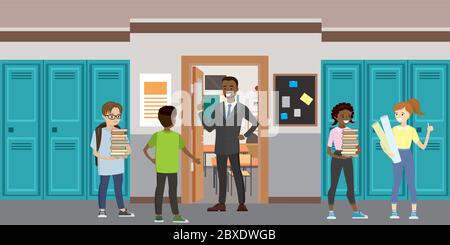 African american male teacher,schoolboy and girl in classroom,back to ...