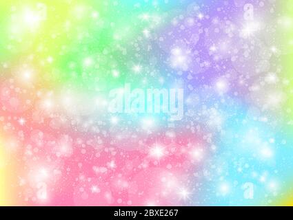 Holographic fantasy rainbow unicorn background with clouds and bubbles ...
