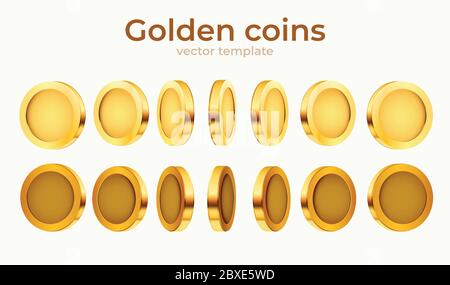 3D Set of rotation coins at different angles. Set of spinning gold ...