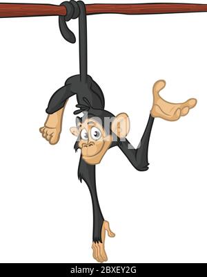 Funny cartoon monkey hang down the tree and presenting. Vector ...