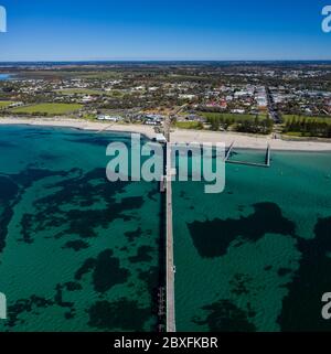 Aerial view of Busselton pier, the worlds longest wooden structure ...