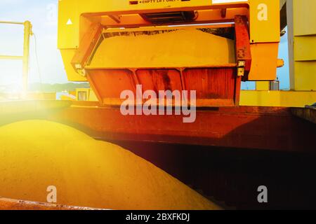 Raw sugar bulk loaded into large vessel hole by rotainer for export ...