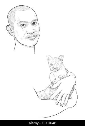 Drawing funny portrait of a man, farcical, scary expressions of Asian ...