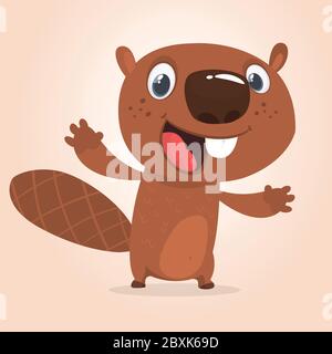 Excited cartoon beaver waving with his hands. Brown beaver mascot ...