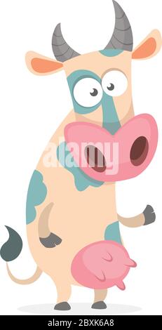 Cute cartoon cow character pointing on something isolated on white ...