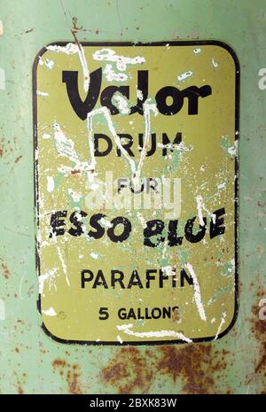 Vintage five gallon paraffin drum Esso blue with a dent in the front ...