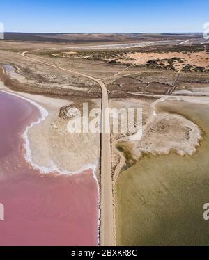 Aerial view of Lake MacDonnell, a naturally occuring pink salt lake ...