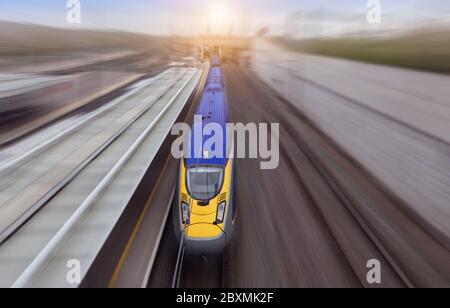 Motion of the modern high-speed train at autumn morning time Stock ...
