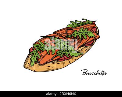 Bruschetta drawing vector drawing. Delicious food on a white background ...