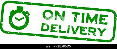 Grunge green on time delivery word with truck icon square rubber seal ...