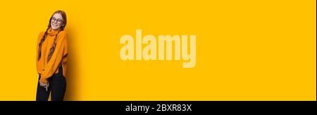 Photo of positive charming person toothy smile indicate finger empty ...