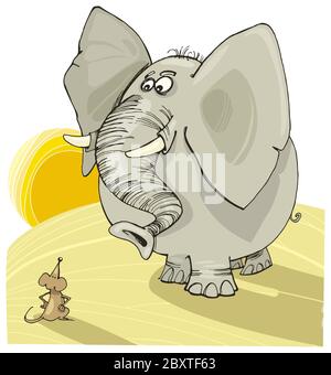 cartoon illustration of funny elephant with mouse on his head Stock ...