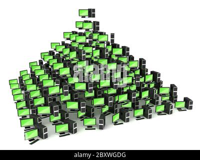 Corporate PC network concept - pyramid shape assembled of computers ...