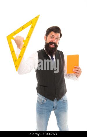Expand skills and knowledge. Measurement tool. Teacher bearded man ...