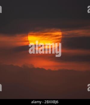 The setting sun is visible behind a new building with a crane in Berlin ...