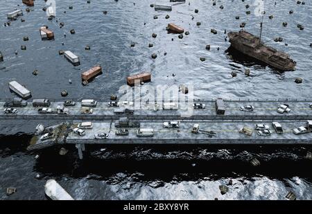 Apocalypse sea view. Destroyed bridge. Armageddon concept. 3d rendering ...