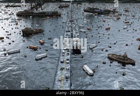 Apocalypse sea view. Destroyed bridge. Armageddon concept. 3d rendering ...