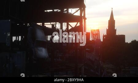Apocalypse of Russia. Aerial View of the destroyed Moscow city, red ...
