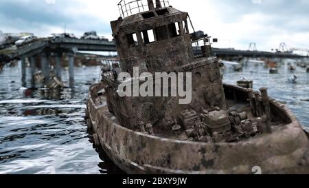 Apocalypse sea view. Destroyed bridge. Armageddon concept. 3d rendering ...