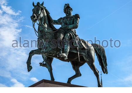 Equestrian statue of Karl XIV Johan at Karl Johans Torg square outside ...