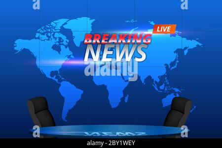 white table and chairs with breaking news live on lcds background in ...