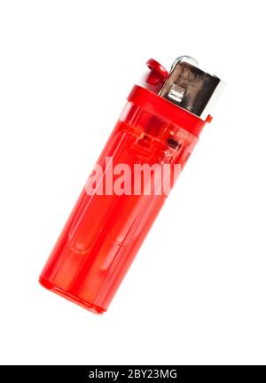 Closeup of red plastic cigarette lighter isolated on white background ...