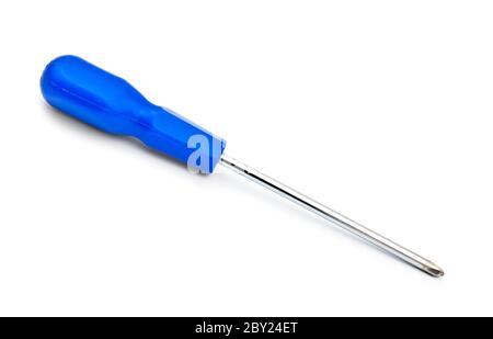 of a screwdriver with a blue handle on an isolated white background ...