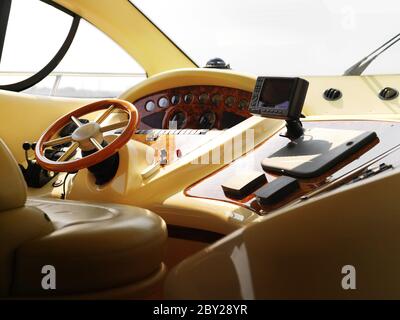 View of yacht cockpit on the deck. The helm of the sea boat, motor boat ...