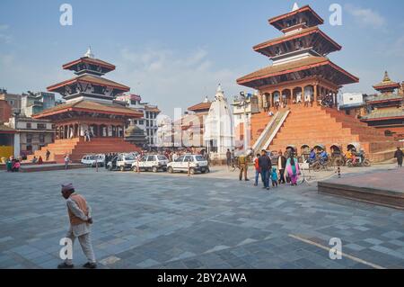 Nepal, Kathmandu, Narayan Temple and Maju Dega with white coloured ...
