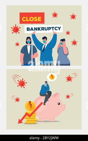 businesspeople with masks piggy and decrease arrow of bankruptcy vector design Stock Vector ...