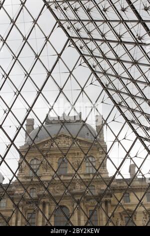 View of the Louvre from the underground lobby of the Louvre pyramid of ...