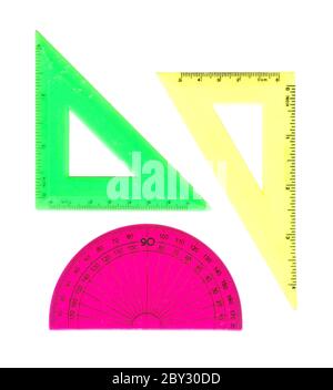 Set of yellow plastic rulers isolated on white background. School ...