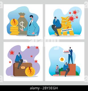businessmen with masks and money icon set of bankruptcy vector design ...