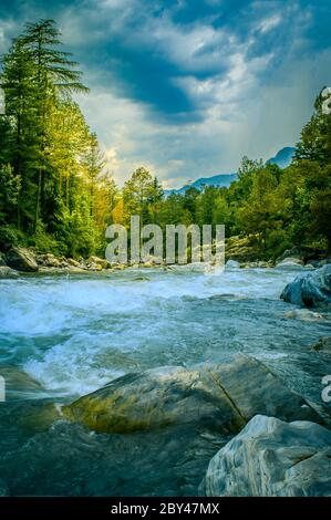 Parvati River flows through the forest with strong currents, Kasol ...
