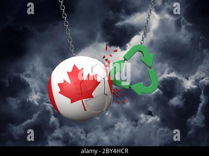Green recycle symbol crashing into a North Korea flag ball. 3D ...