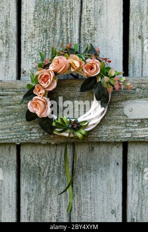 Top view Beautiful hand made golden Christmas wreath decorated with ...