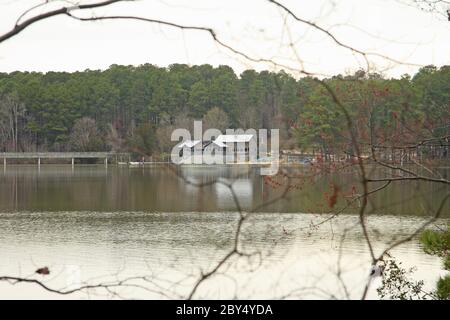 Boathouse and jetty on Lake Johnson, near Raleigh, North Carolina, USA ...
