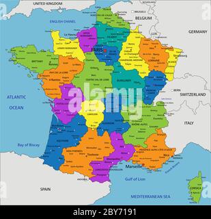Colorful map of Paris, France with labeled administrative districts ...