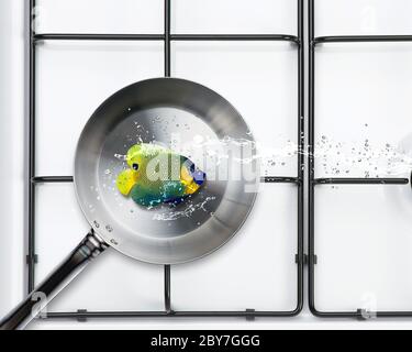 Frying pan and splashing cooking oil on white background Stock Photo ...