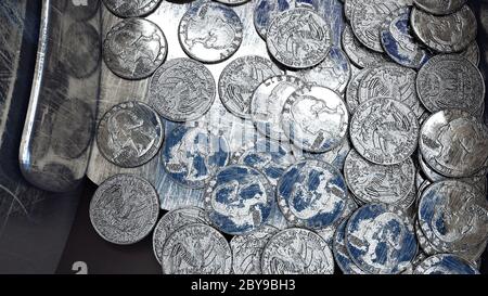 Process of production of coins, 25 cents. Industrial concept. Factory ...