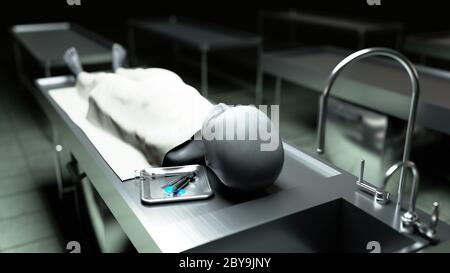 The dead alien in the morgue on the table. Futuristic autopsy concept ...