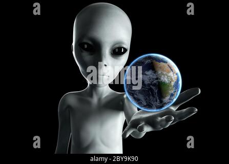 Alien hand reaching out with Earth planet. UFO futuristic concept. 3d ...