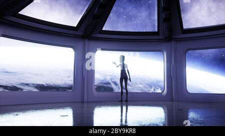 Alien hand reaching out with Earth planet. UFO futuristic concept. 3d ...