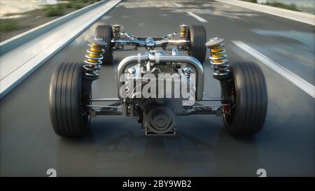 Car chassis with engine on highway. Very fast driving. Auto concept. 3d ...