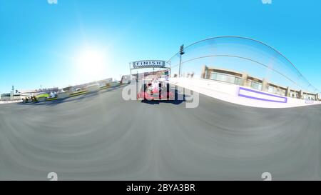 360 degrees, spherical video. Race car. Very fast driving 3d rendering ...