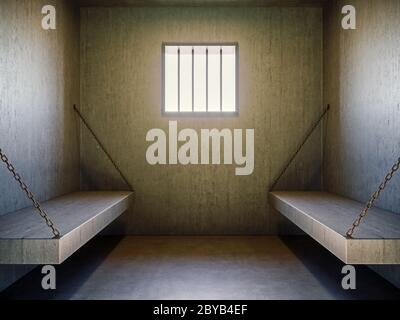 Prison cell with a window, jail steel bars, concrete walls, empty ...