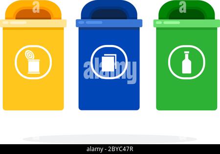 Garbage sorting and recycling. Rubbish bin for paper, glass, plastic ...