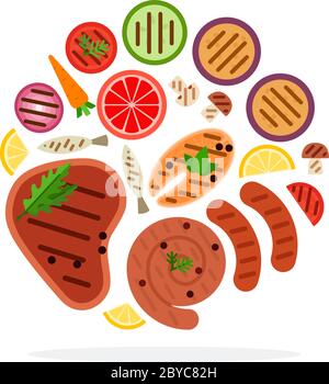 Meat and sausages with spice herbs vector design of butcher shop food ...